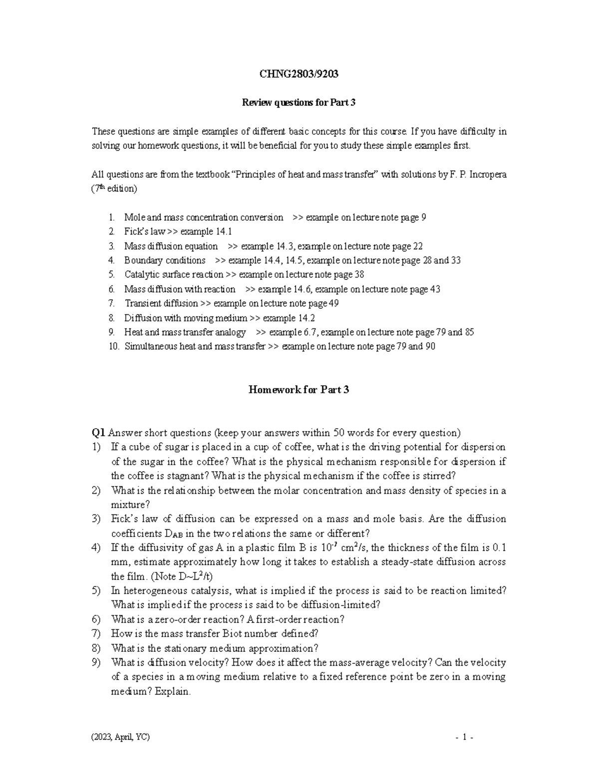 Homework Part 3 - CHNG2803/ Review questions for Part 3 These questions ...