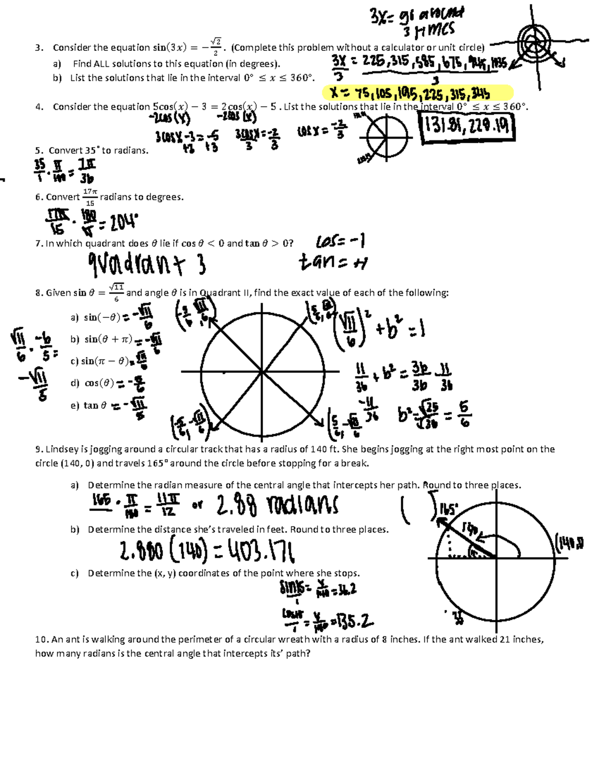 Precalculus – Review Problems for Test 1 - Consider the equation sin(3𝑥 ...