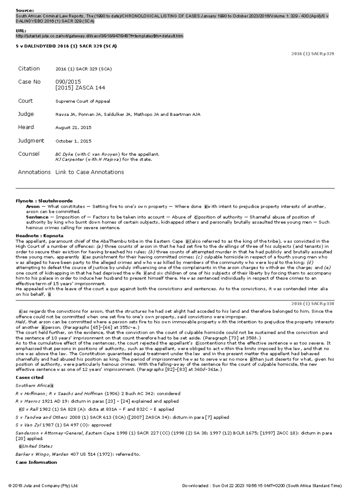 S v Dalindyebo 2016 (1) SACR 329 (SCA) - Source: South African Criminal Law Reports, The (1990 ...