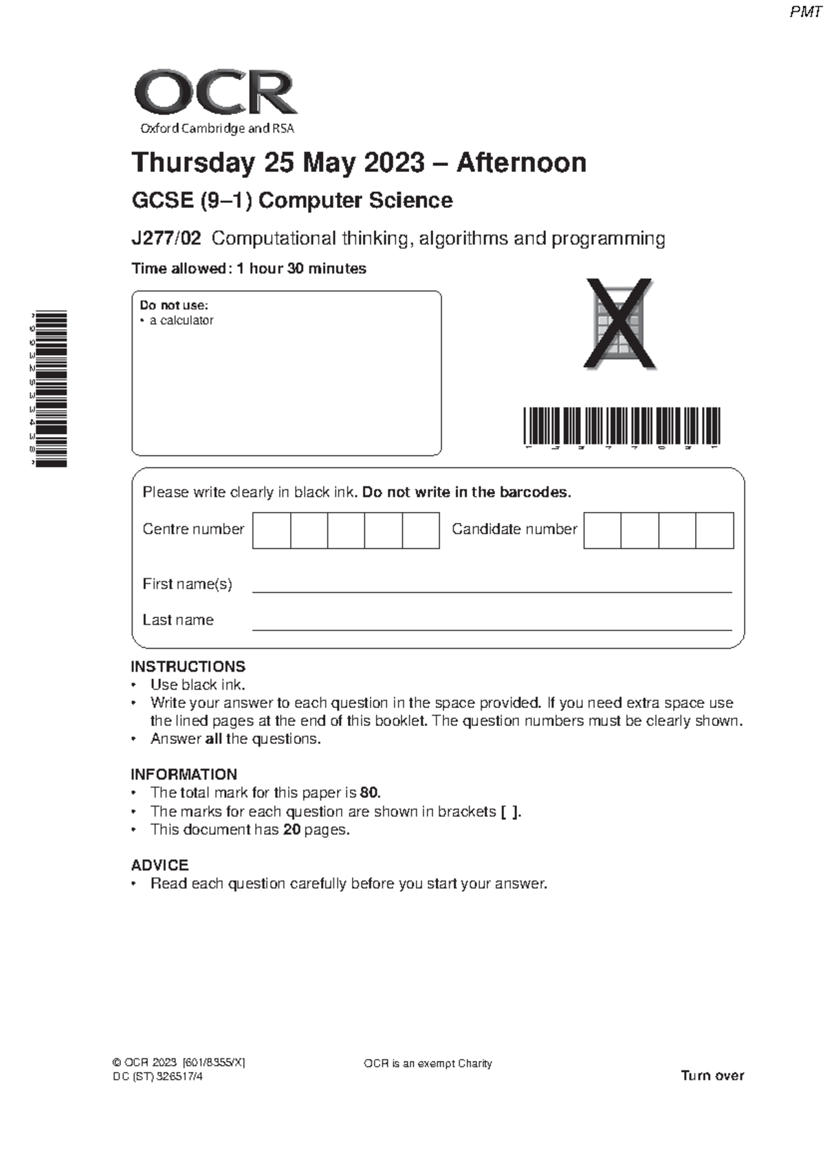 June 2023 QP - Paper 2 OCR Computer Science GCSE - Oxford Cambridge and RSA Please write clearly ...
