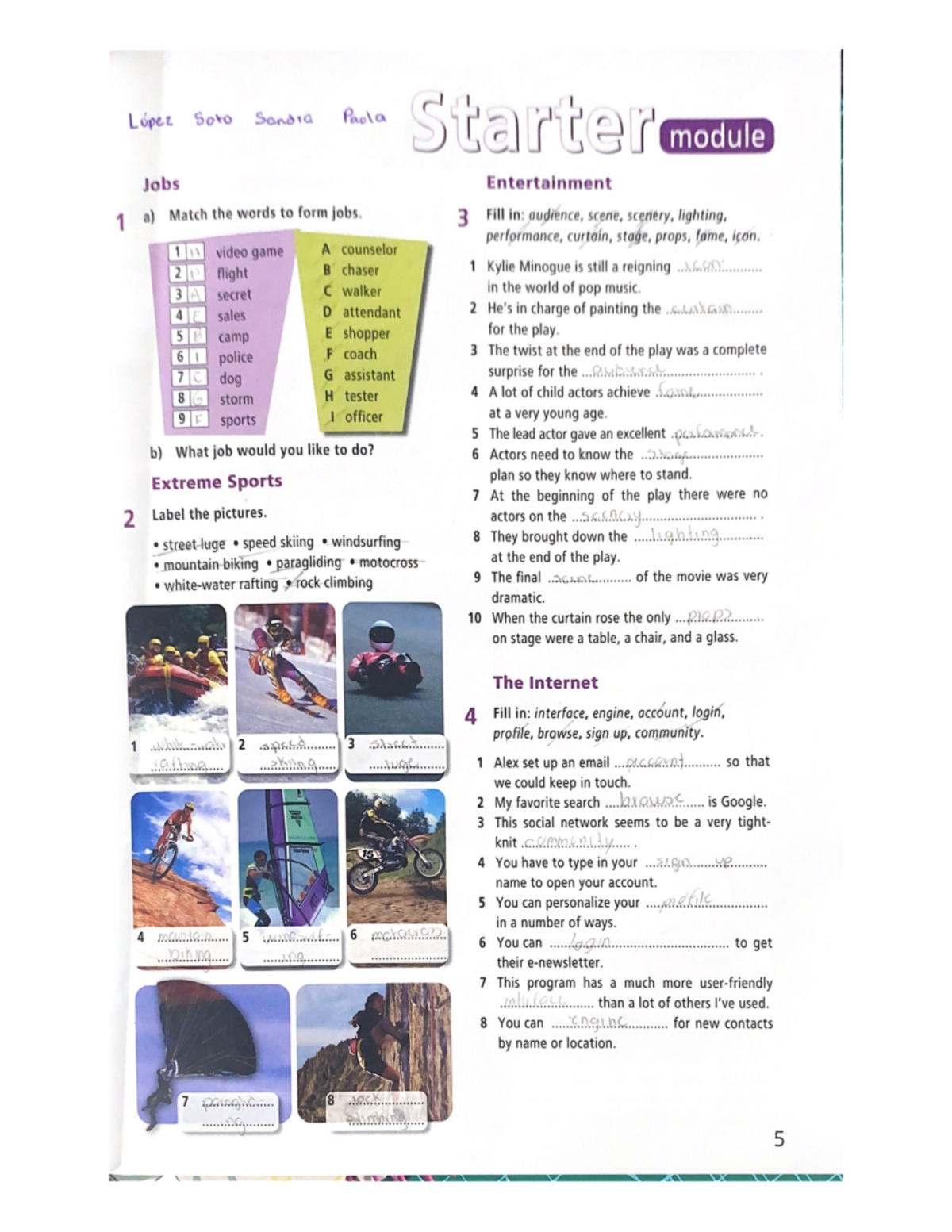 SPLS Starter - ingles - Lopez Paola Starter module Soto Sandra Jobs Entertainment 1 a) Match the ...