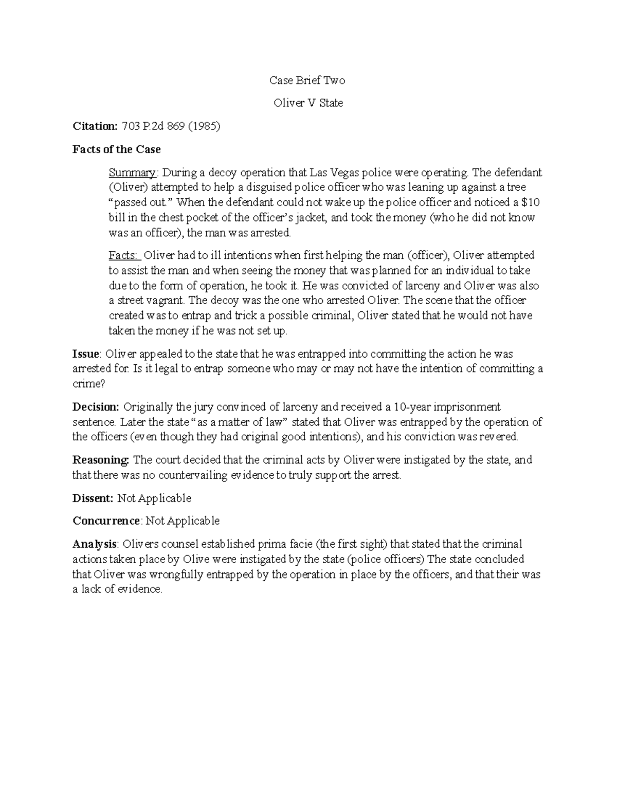 Criminal Law - Case Brief 2 - Case Brief Two Oliver V State Citation ...