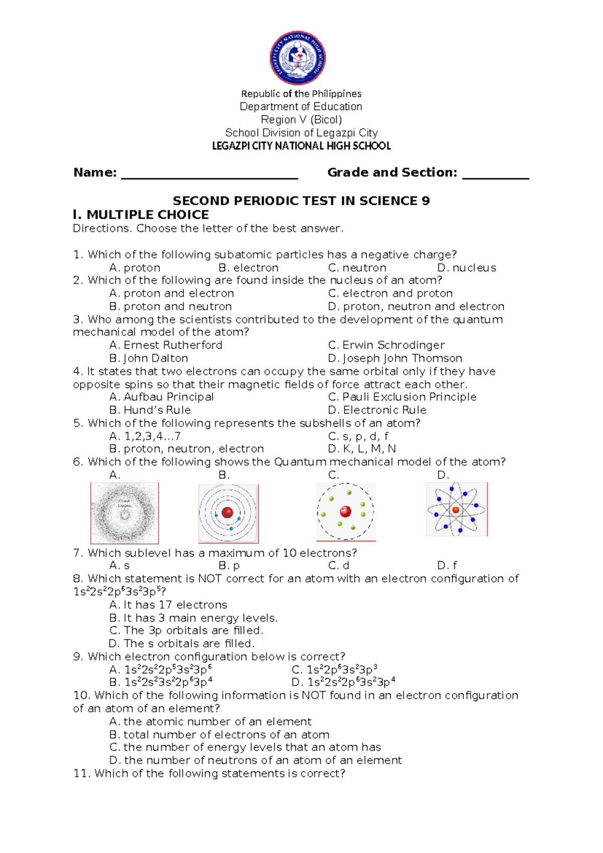 Periodic test in chemistry-grade 9 - Republic of the Philippines ...