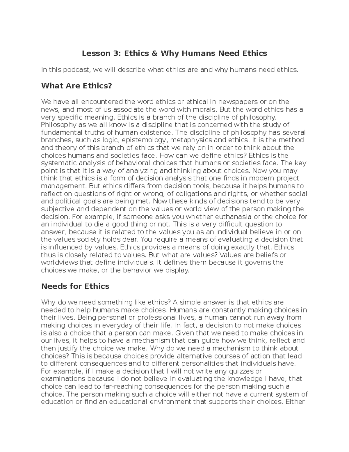 Lesson 3 - Ethics and Why Humans Need Ethics - Lesson 3: Ethics & Why ...