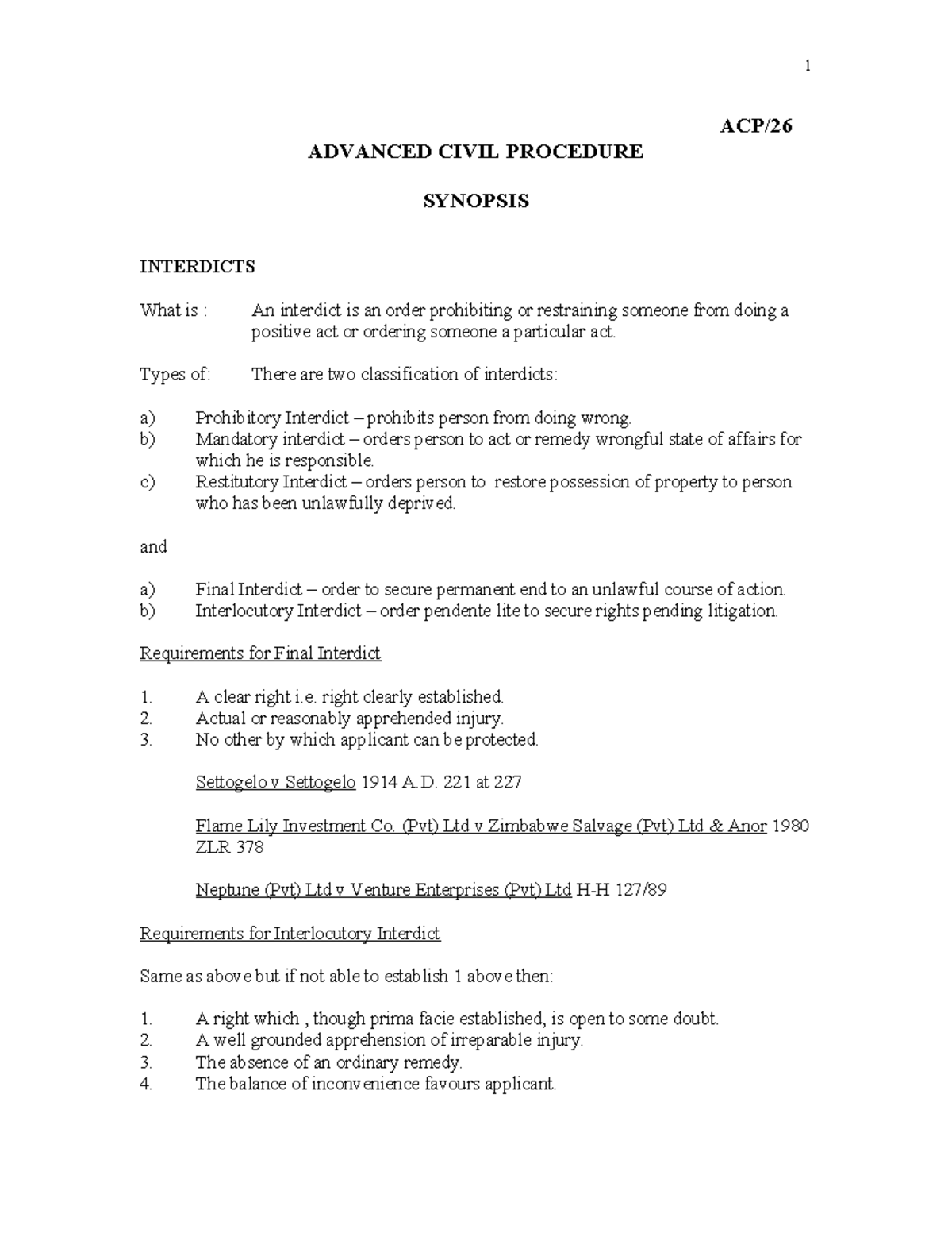 Synopsis-interdicts(26) - ACP/ ADVANCED CIVIL PROCEDURE SYNOPSIS ...