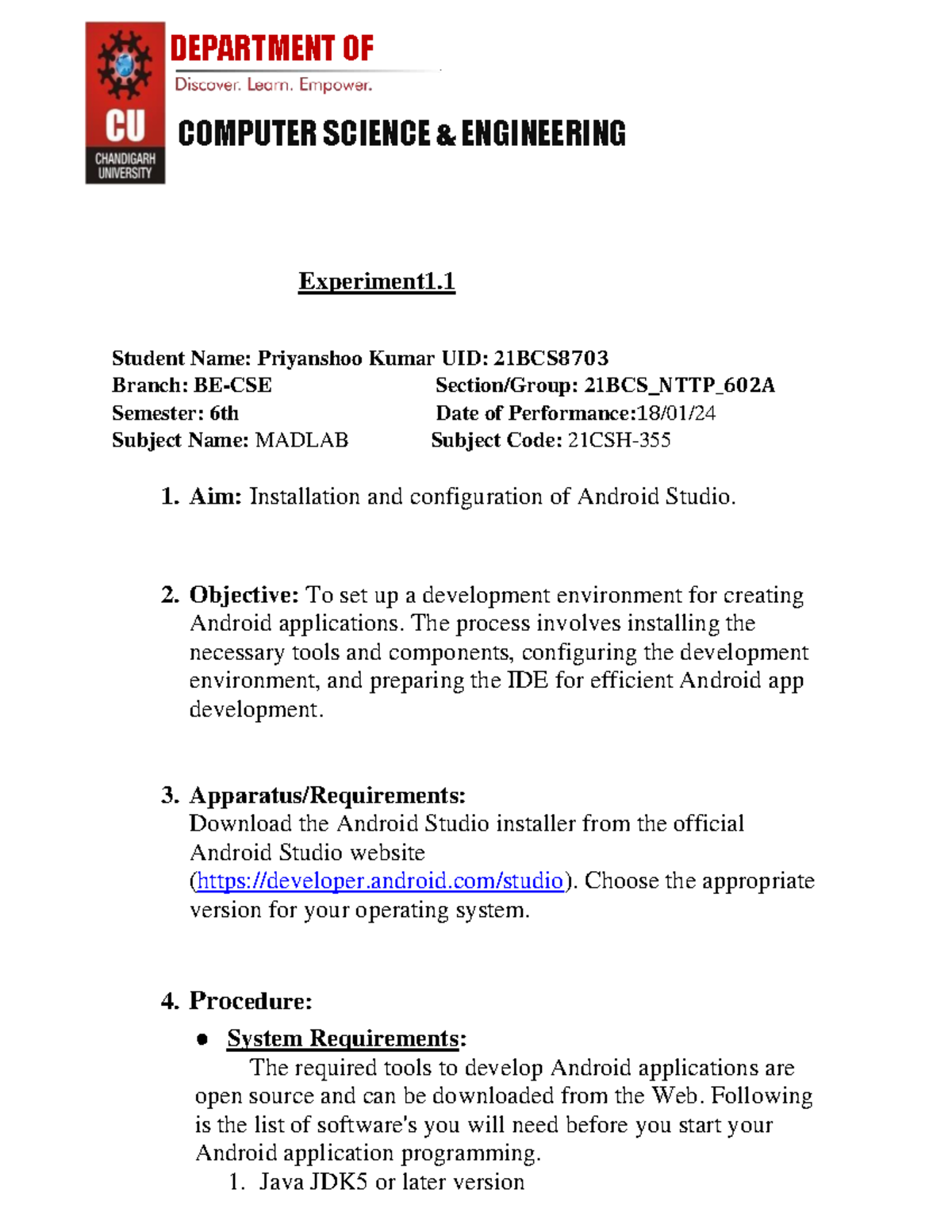 MAD Worksheet 1 - DEPARTMENT OF COMPUTER SCIENCE & ENGINEERING Experiment1. Student Name: - Studocu