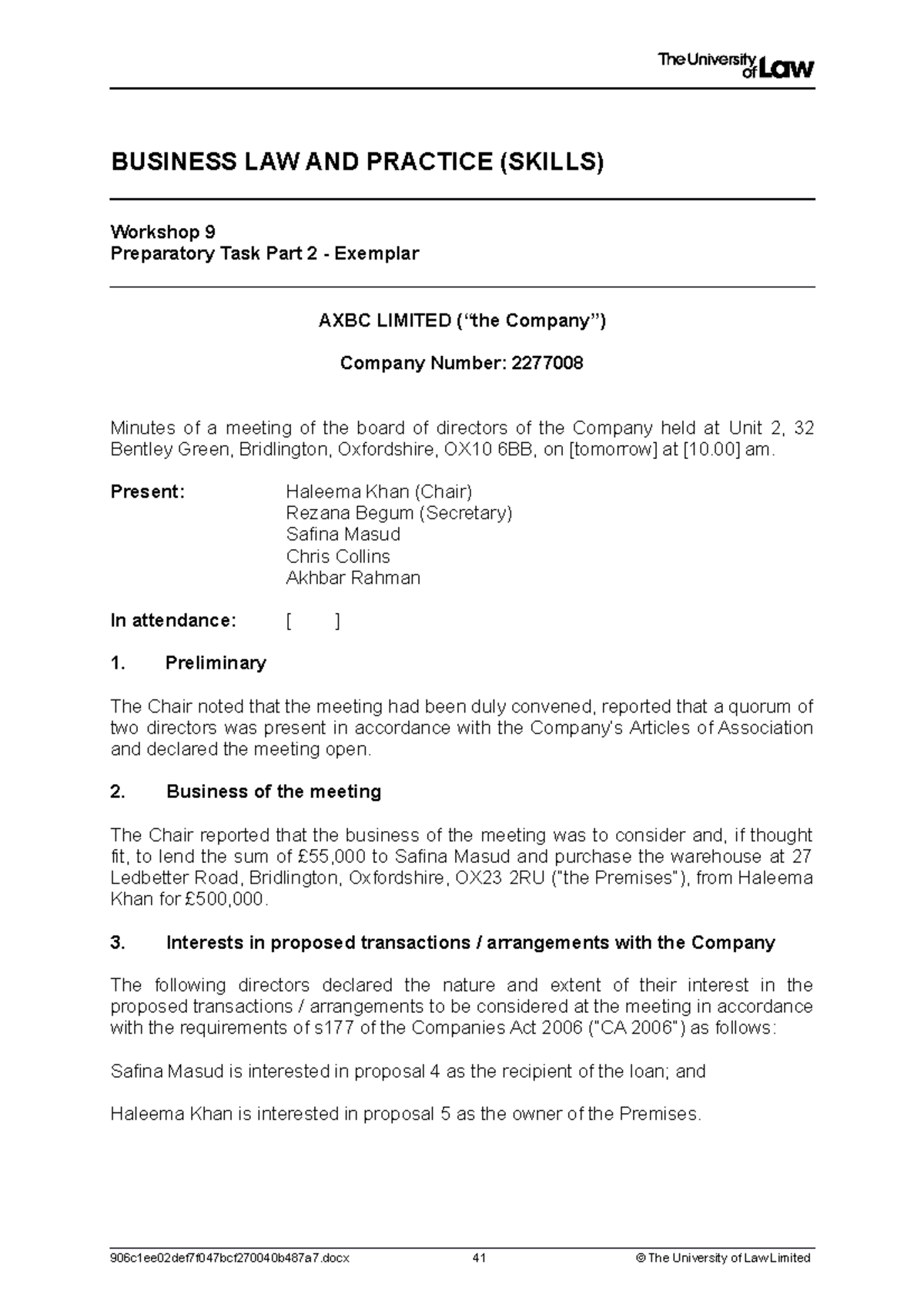 Business Law & Practice Workshop Guide 9 Preparatory Task Exemplar ...