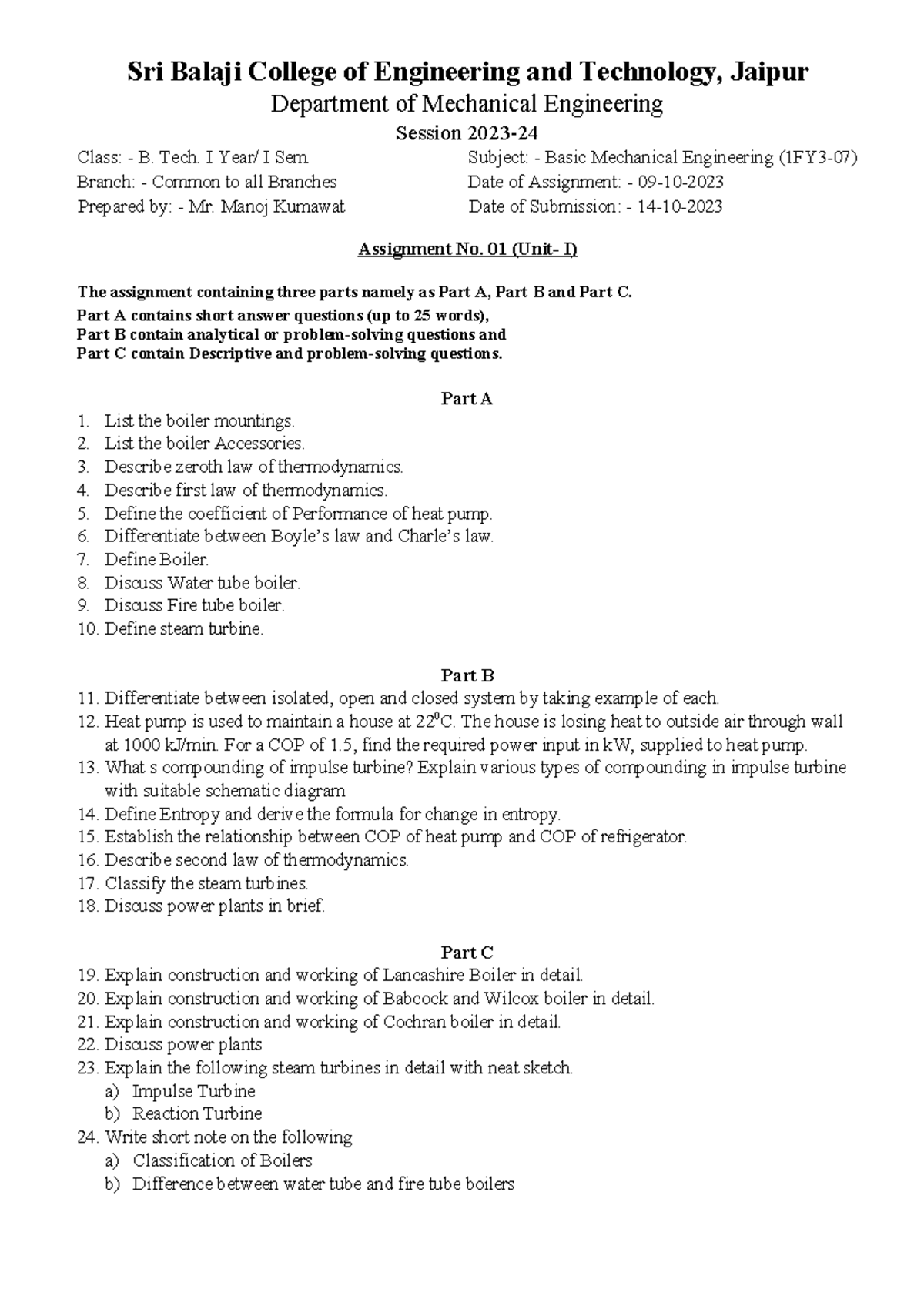 BME Unit 1 Assignment 2023-24 - Sri Balaji College of Engineering and Technology, Jaipur ...