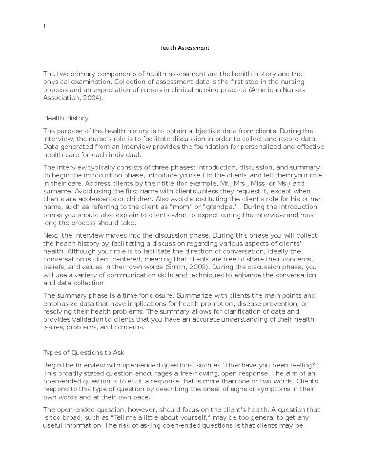 Health Assessment - test 1 - Health Assessment The two primary ...