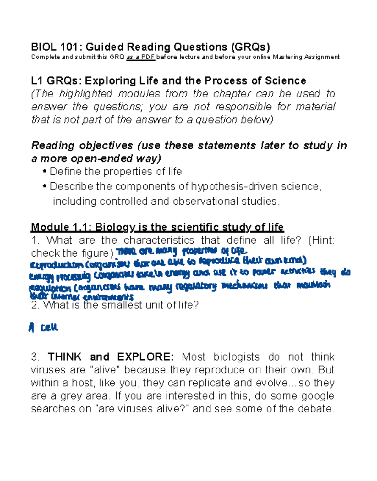 Lesson 1 GRQs Exploring Life and Process of Science - BIOL 101: Guided Reading Questions (GRQs ...