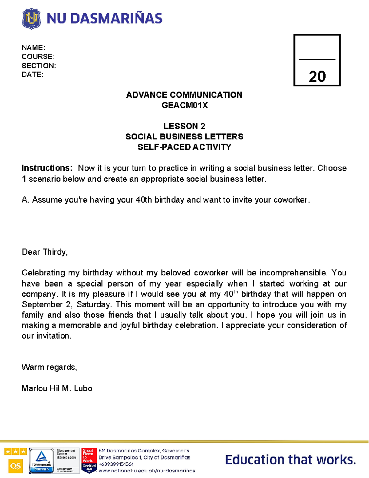 Lesson 2 Social Business Letters Activity - 20 NAME: COURSE: SECTION ...