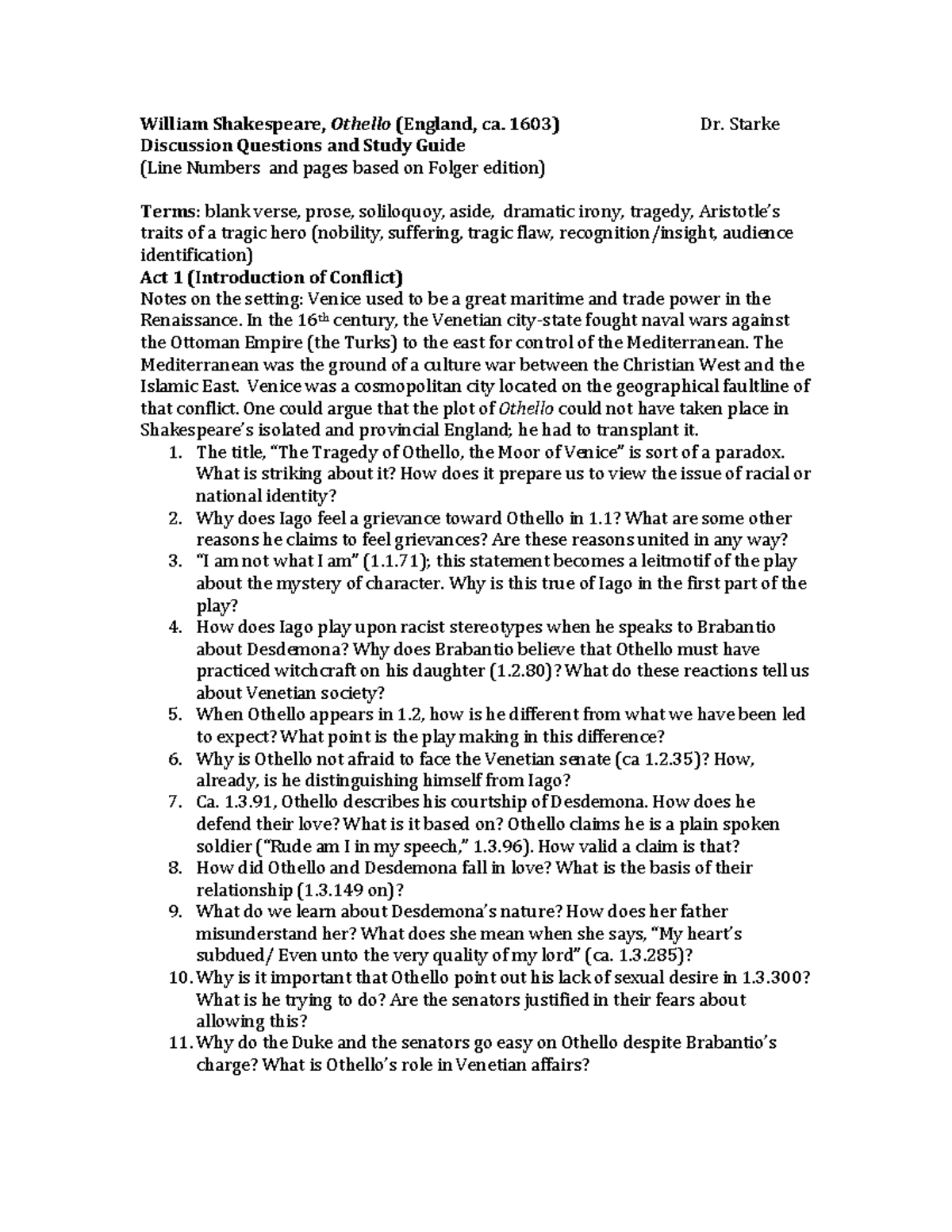 Othello Study Guide - starke - William Shakespeare, Othello (England ...