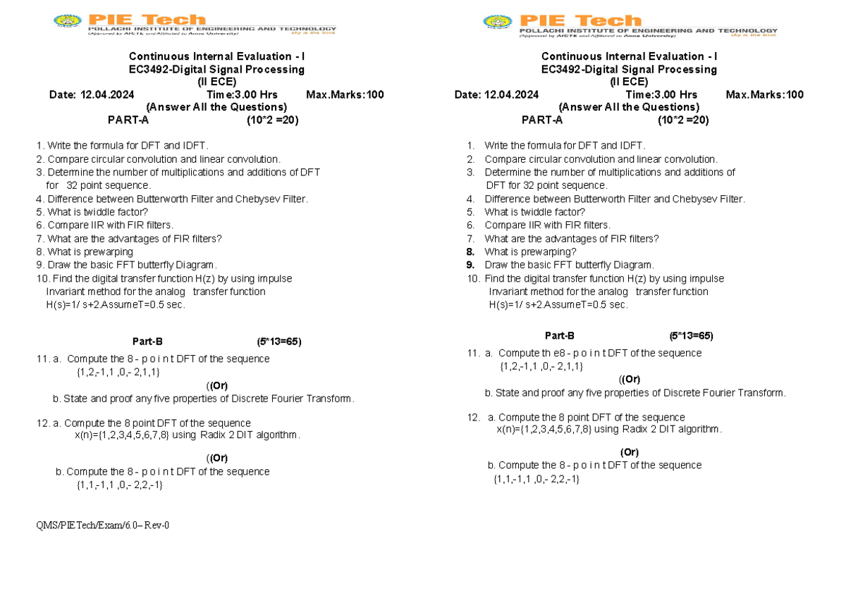 CIE -I dsp Set-1 new - INTERNAL QUESTION PAPER - Continuous Internal ...