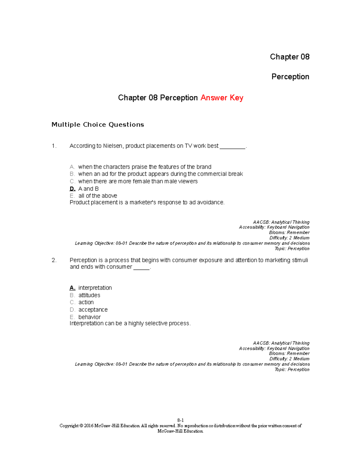 TBChap 008 - Chapter 08 Perception Chapter 08 Perception Answer Key ...
