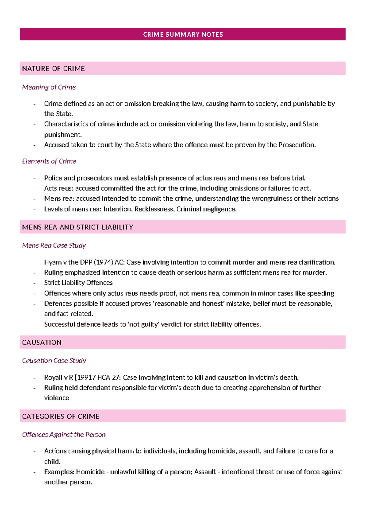 Crime Summary Notes - CRIME SUMMARY NOTES NATURE OF CRIME Meaning of ...