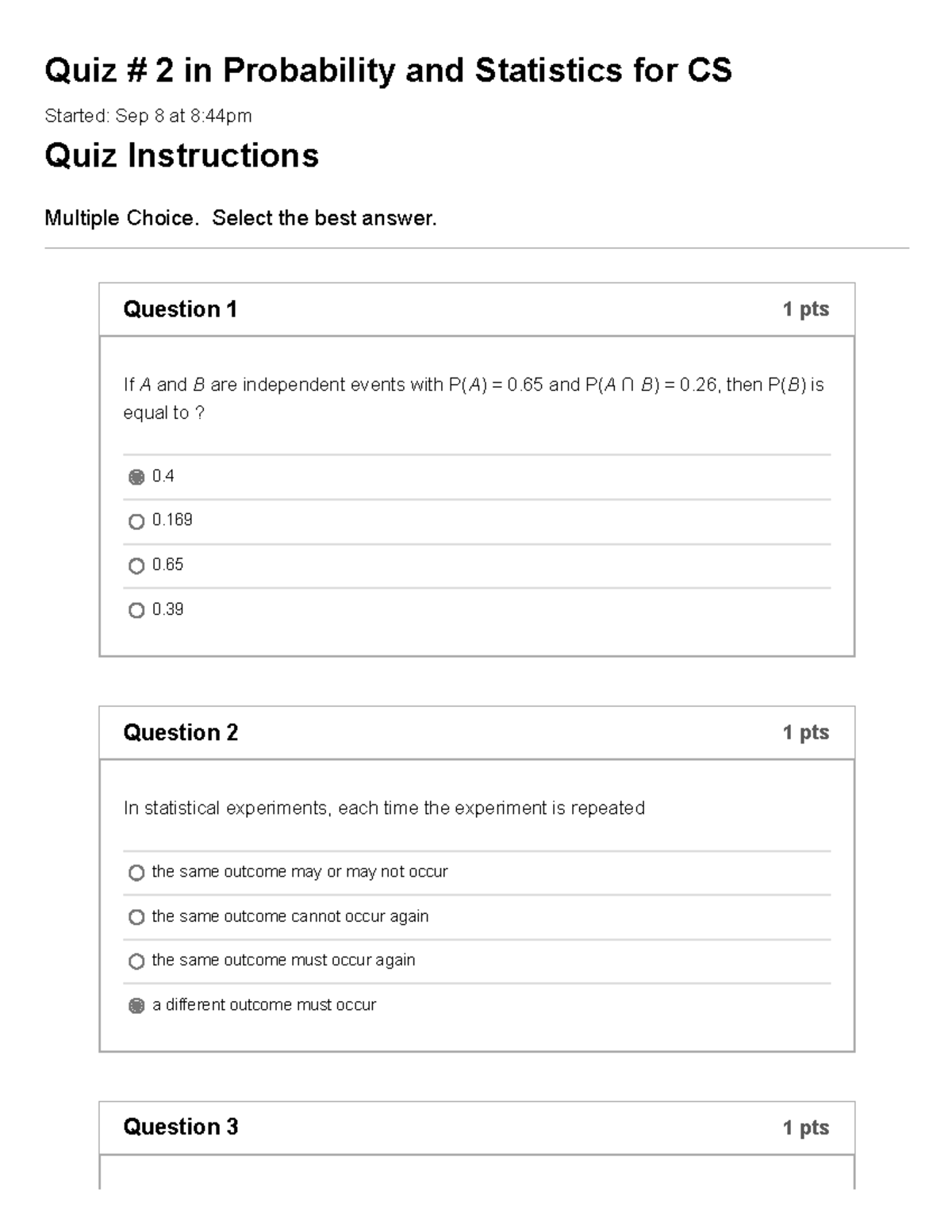 Quiz Quiz # 2 in Probability and Statistics for CS - Select the best ...