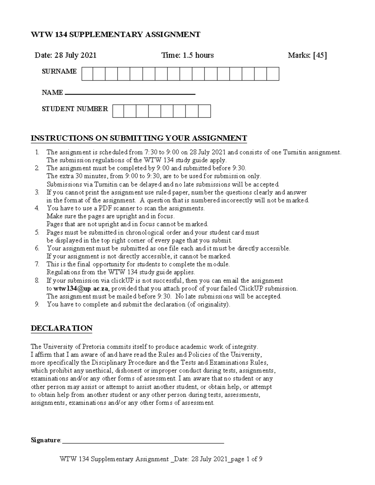 WTW134 Supplementary assignment Semester 1 2021 - WTW 134 SUPPLEMENTARY ...