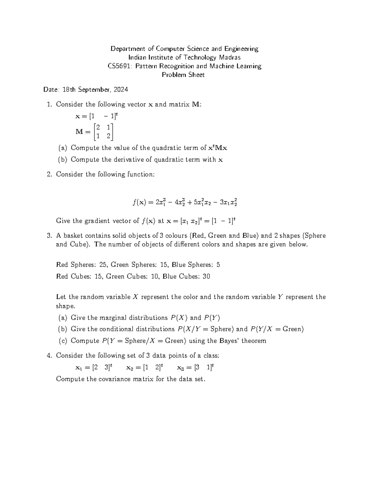 CS5691 PRML Problem Sheet 18th September 2024 - Department of Computer Science and Engineering ...