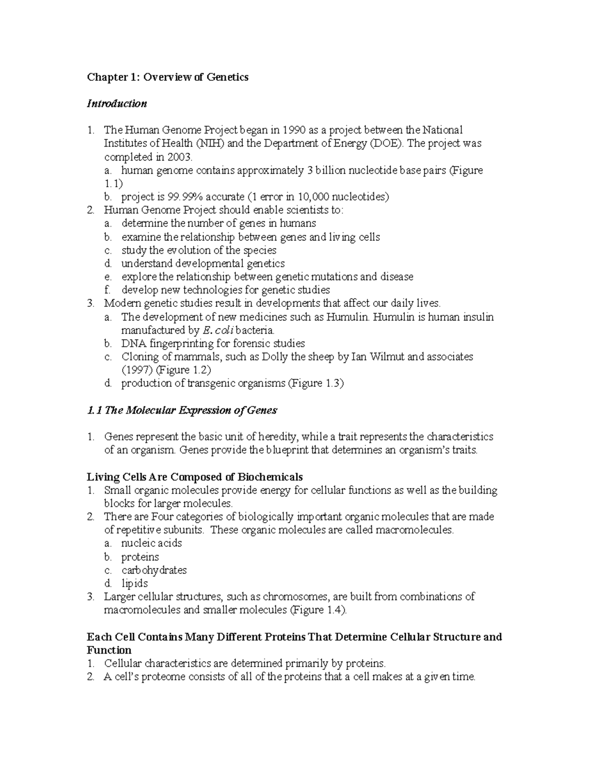 Unit 1 - Study Guide - Chapter 1: Overview of Genetics Introduction The ...
