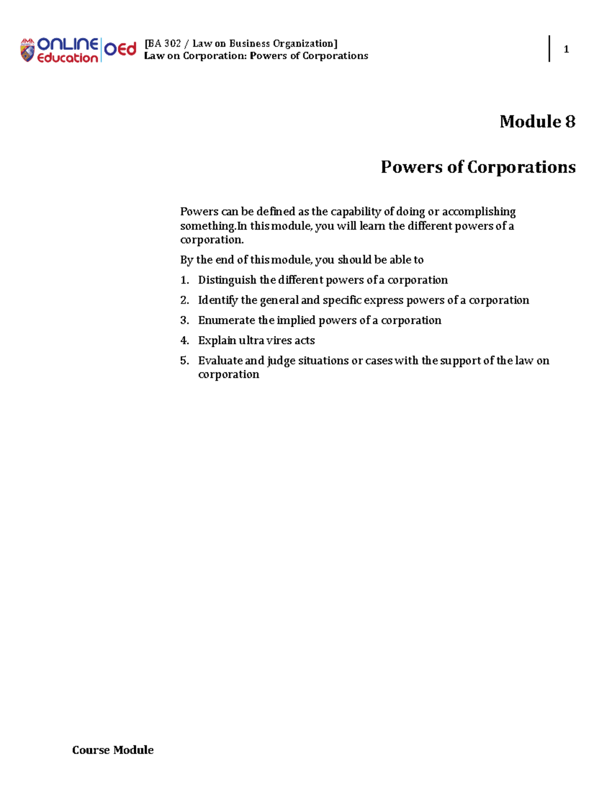 Week005-Module 002 - business law - Law on Corporation: Powers of ...