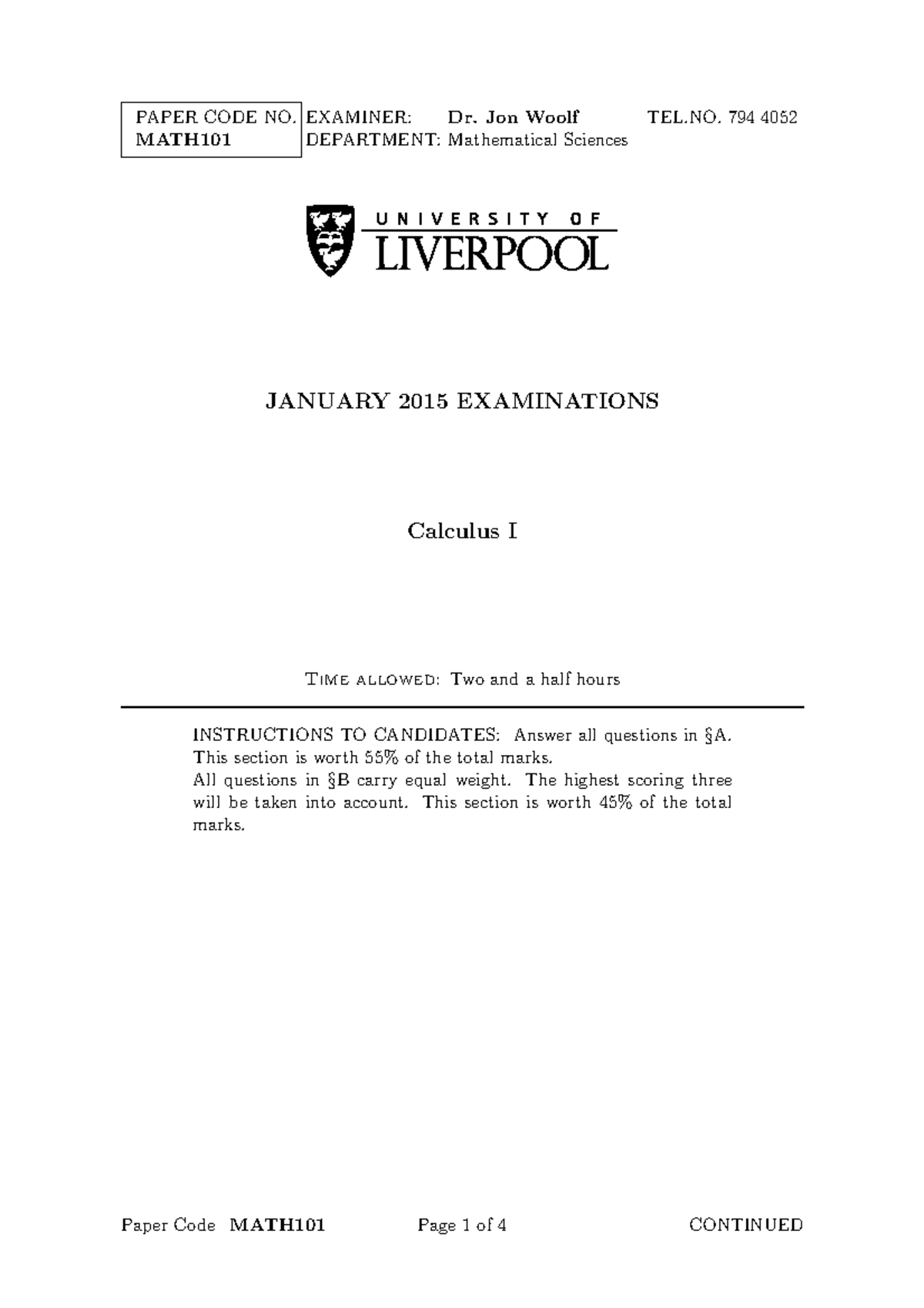 Exam January 2015, questions - PAPER CODE NO. MATH EXAMINER: Dr. Jon ...