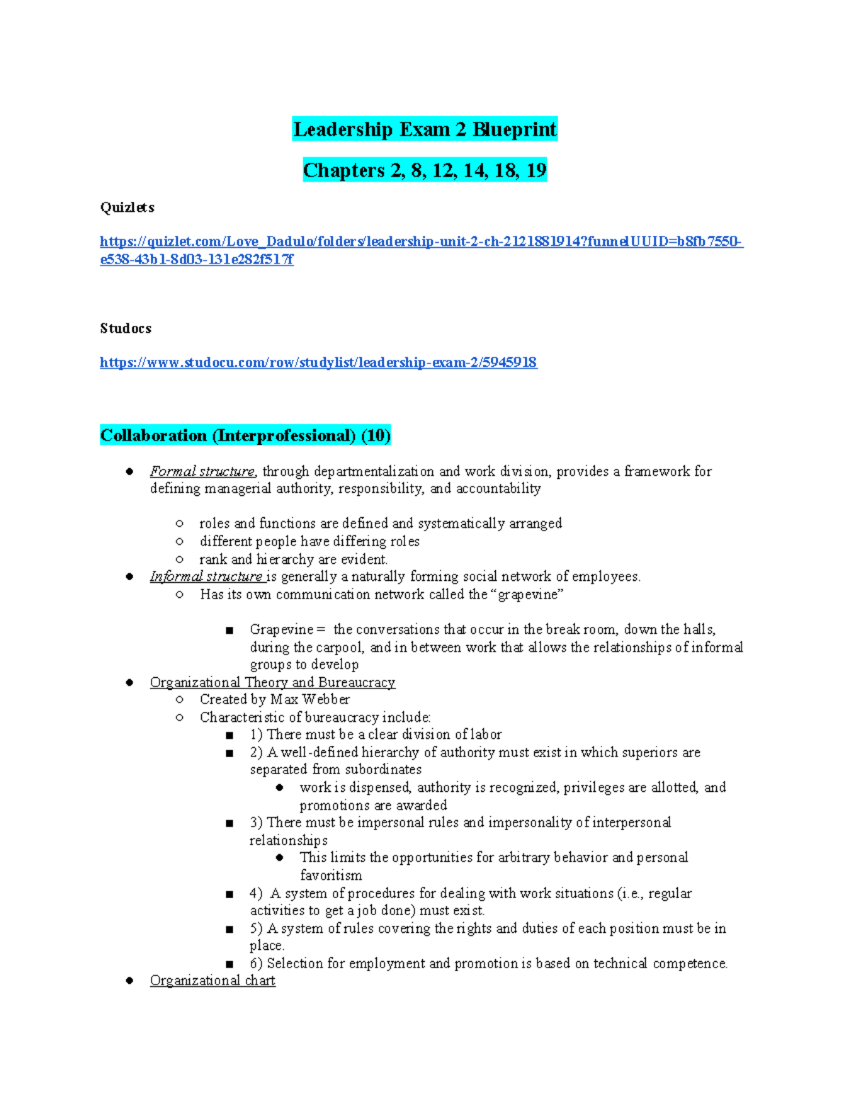 Leadership Exam 2 Blueprint - Leadership Exam 2 Blueprint Chapters 2, 8, 12, 14, 18, 19 Quizlets ...
