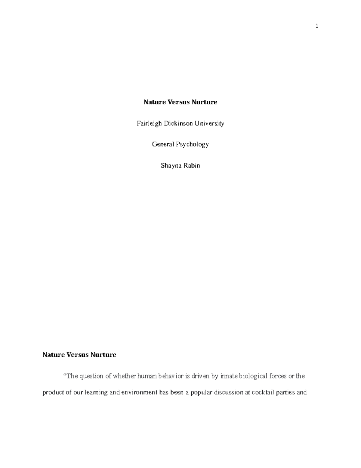Nature vs Nurture-1 - essay - 1 Nature Versus Nurture Fairleigh ...