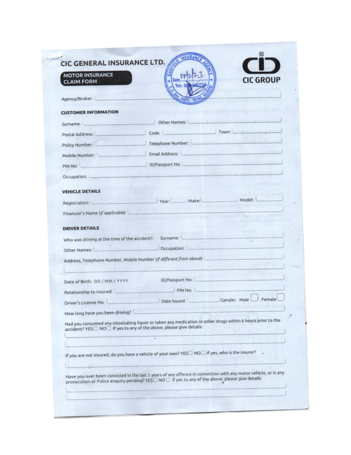 Cic insurance duc - CIC GENERAL INSURANCE LTD. fo MOTOR INSURANCE Py ...