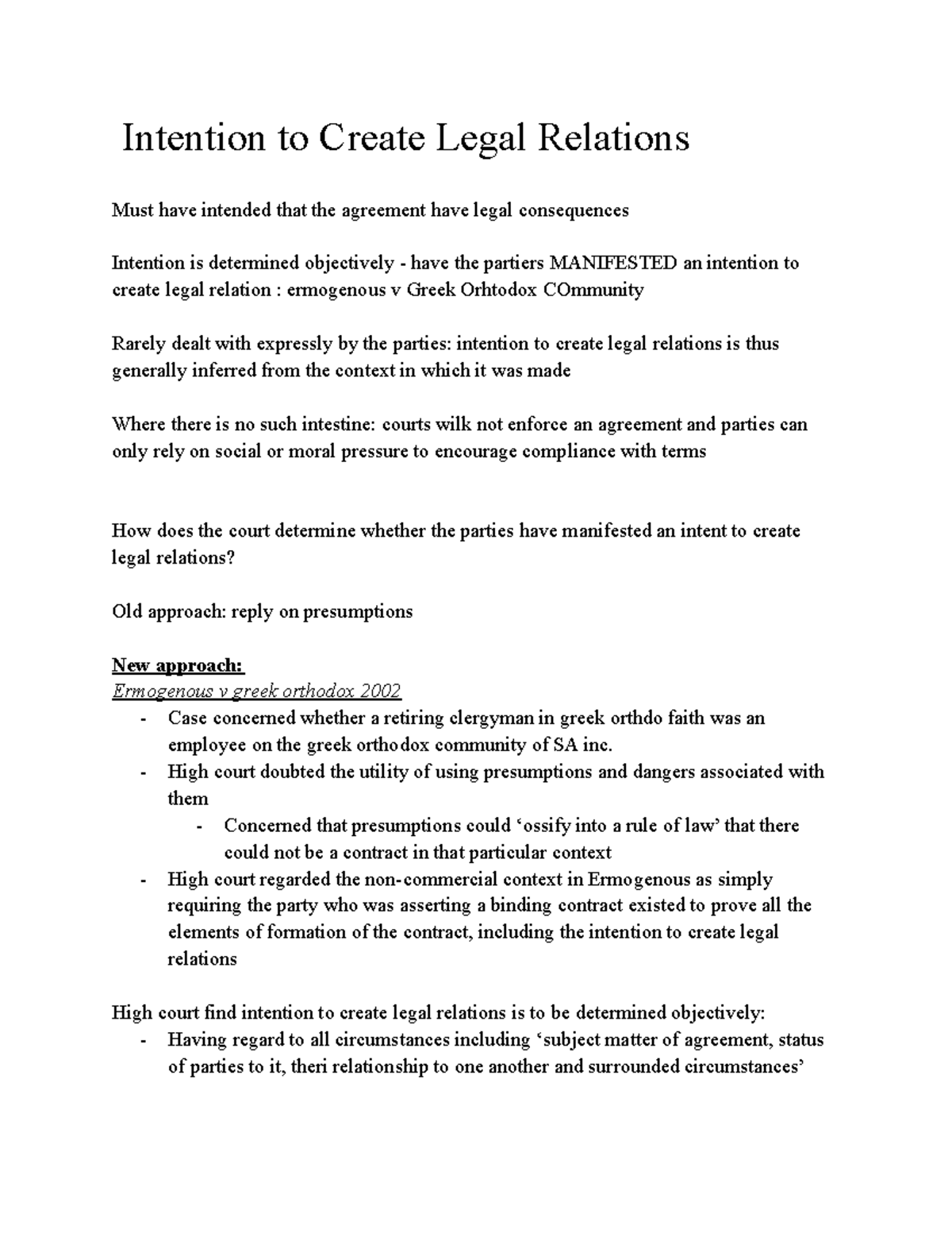 LAW OF Contract A Week 8 - Intention to Create Legal Relations Must ...