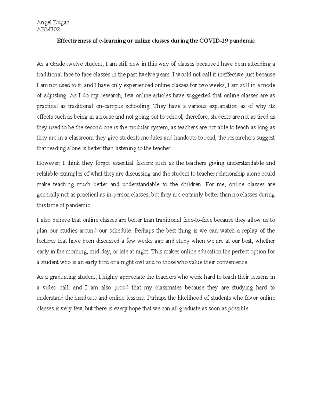 Assignment 2 EAP Dugan - fefeef - Angel Dugan ABM Effectiveness of e ...