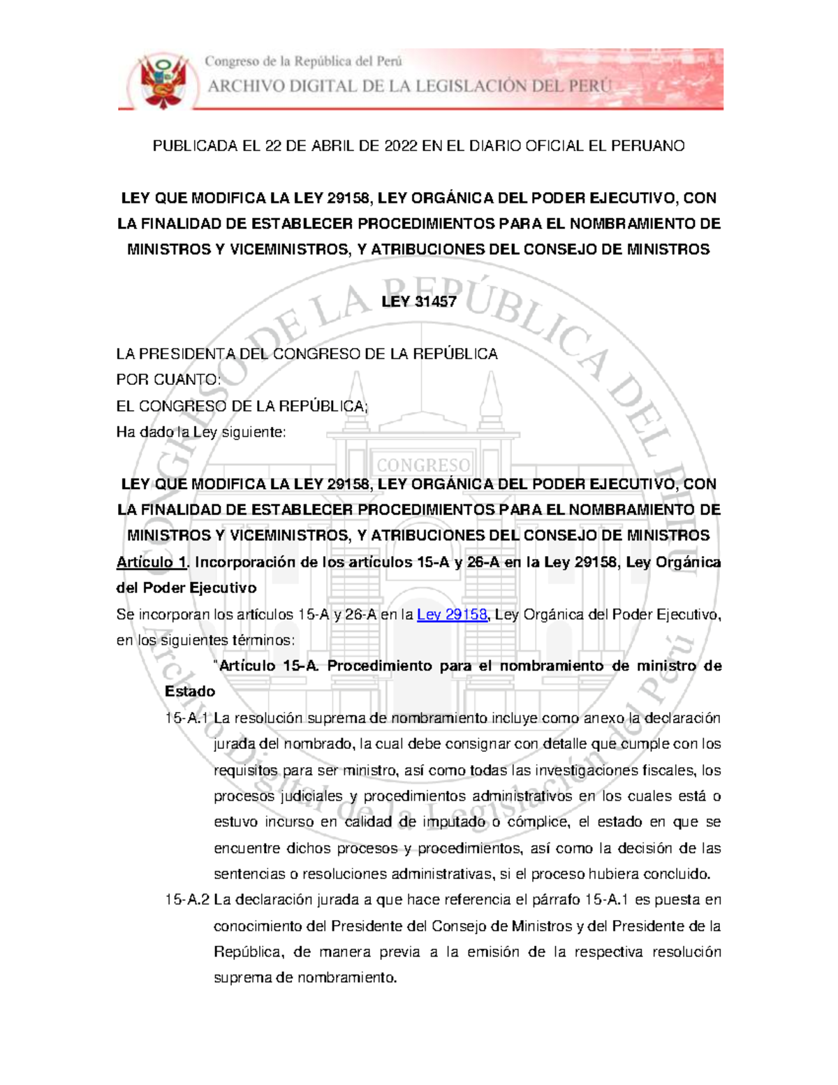 31457-TXM - LEY QUE MODIFICA LA LEY 29158, LEY ORGÁNICA DEL PODER ...