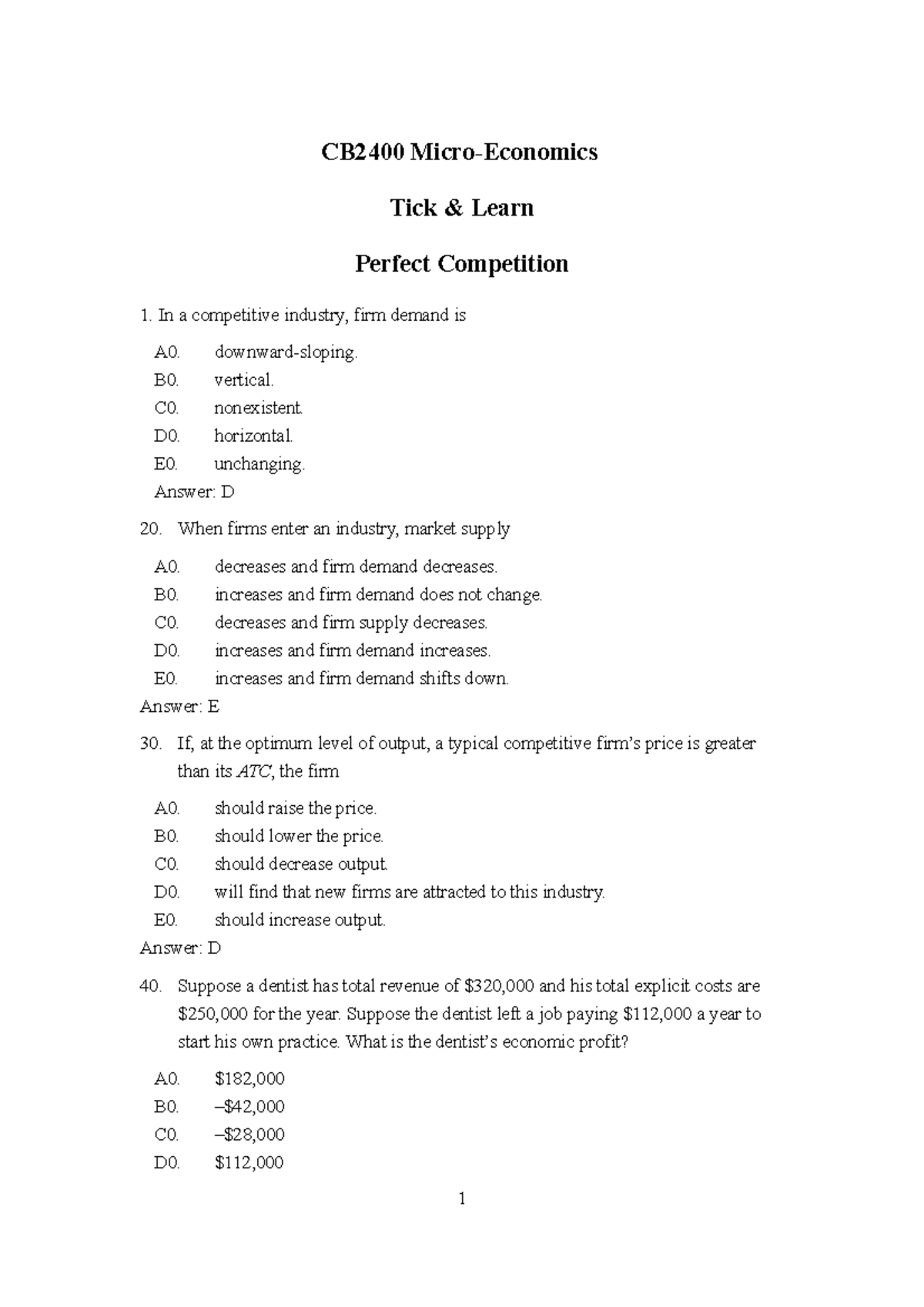 (07) CB2400 Tick & Learn Perfect Competition - CB2400 Micro-Economics Tick & Learn Perfect - Studocu