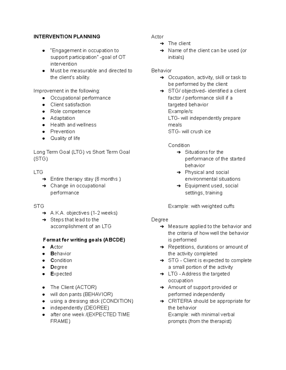 Treatment Planning - INTERVENTION PLANNING “Engagement in occupation to ...