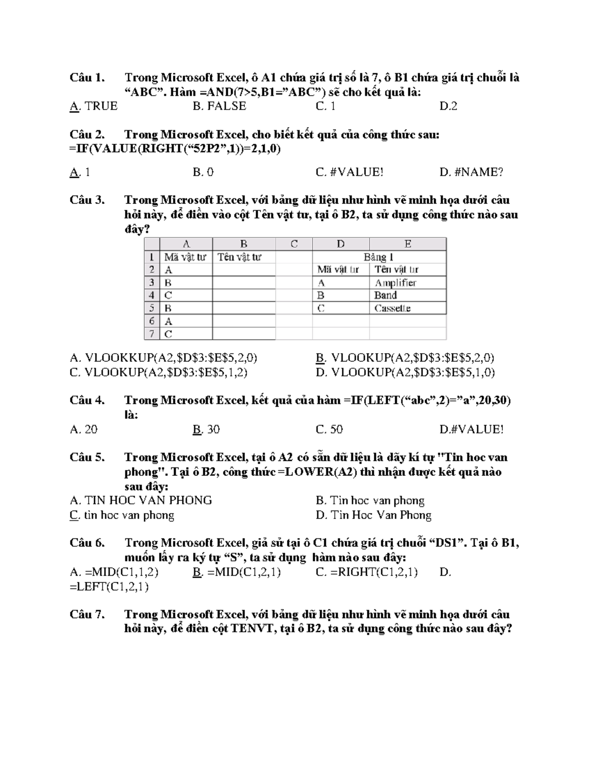 Excel - ôn thi cuối - Câu 1. Trong Microsoft Excel, ô A1 chứ a giá trị ...