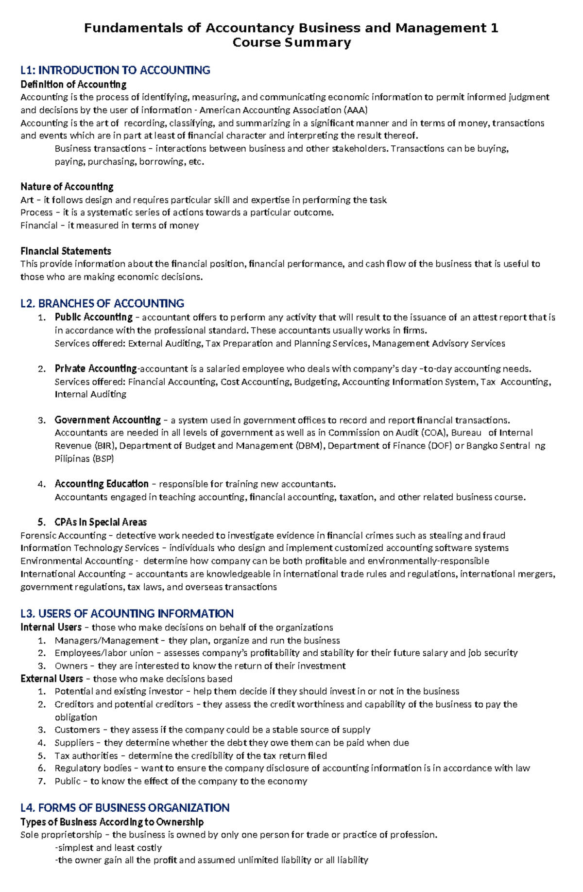 FABM 1 Course Summary - Fundamentals of Accountancy Business and ...