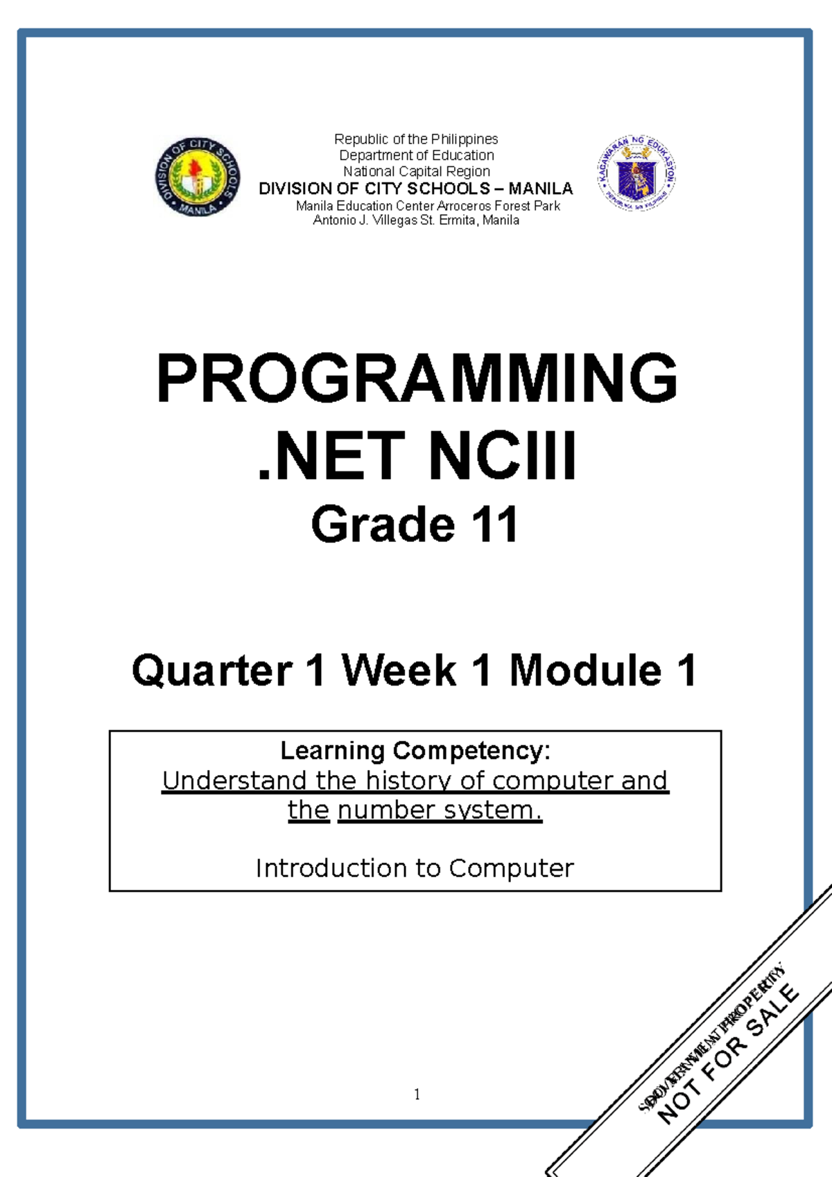 Programming 11 Q1 W1 Mod1 - Republic of the Philippines Department of Education National Capital ...