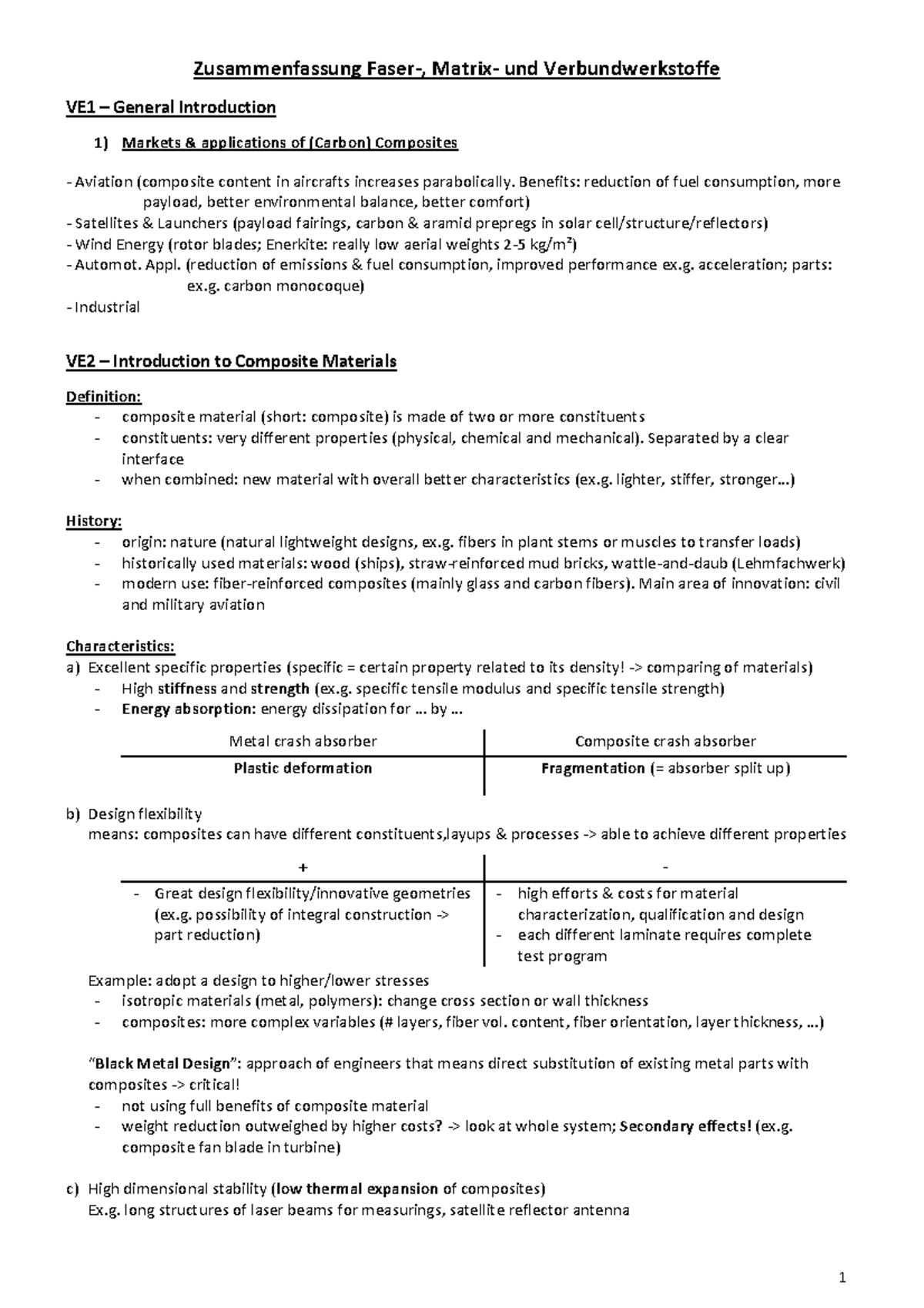 001 Zusammenfassung VE1+2 - Zusammenfassung Faser-, Matrix- und ...