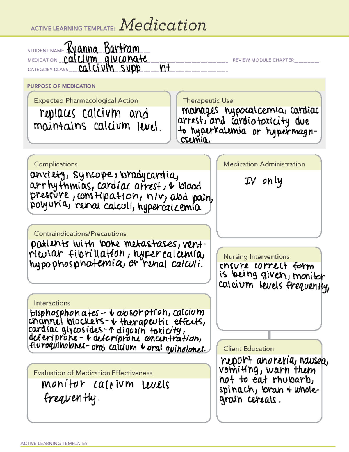 calciumgluconate - ACTIVE LEARNING TEMPLATES Medication STUDENT NAME ...