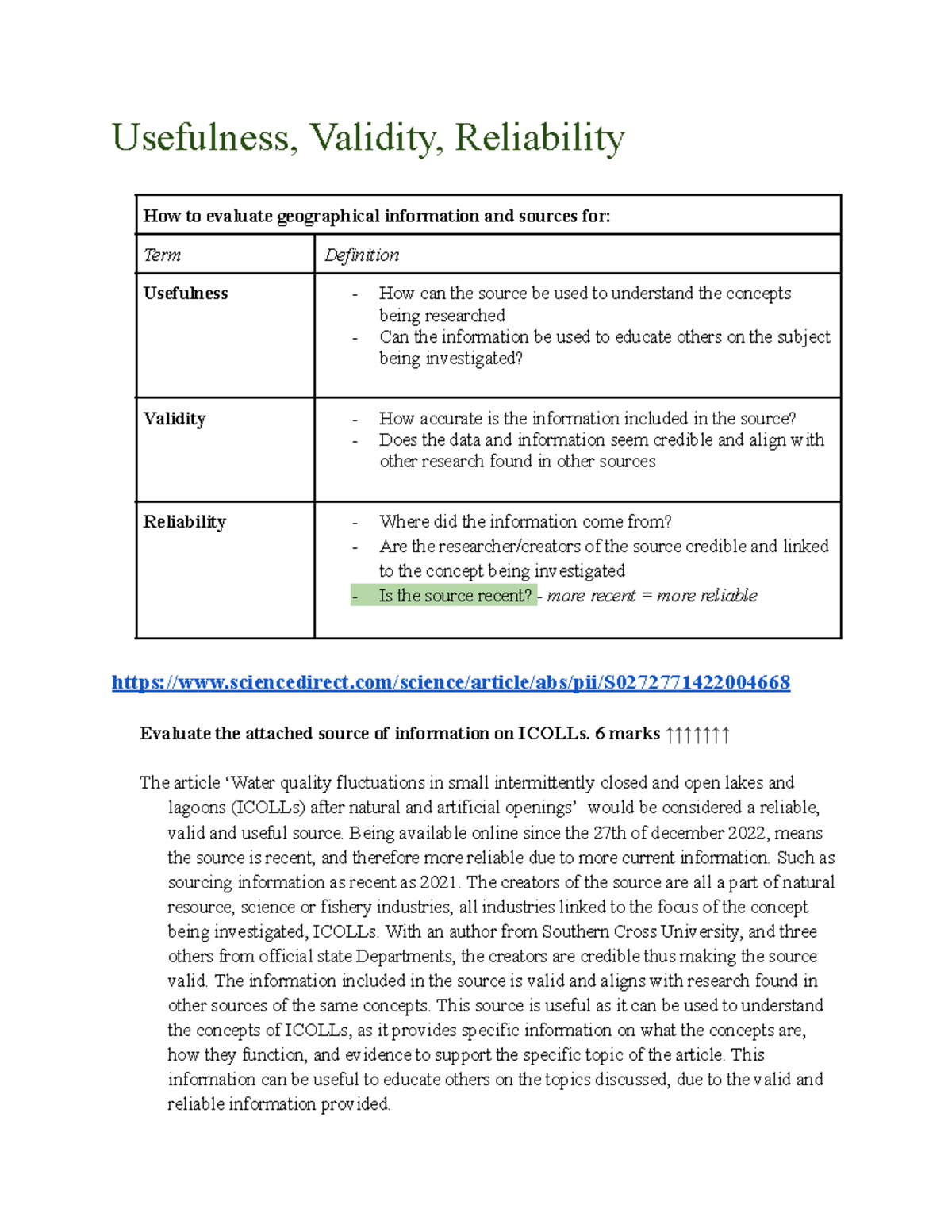Geo usefullness and reliability and validity example - Usefulness ...