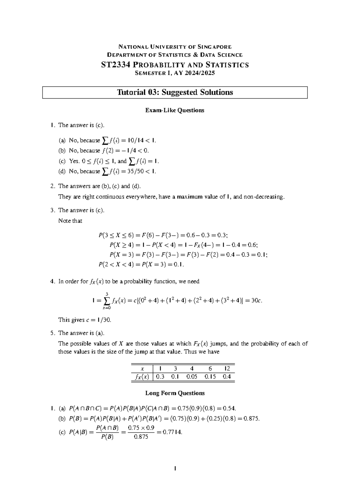 Tut03-sol - tut - NATIONAL UNIVERSITY OF SINGAPORE DEPARTMENT OF STATISTICS & DATA SCIENCE - Studocu