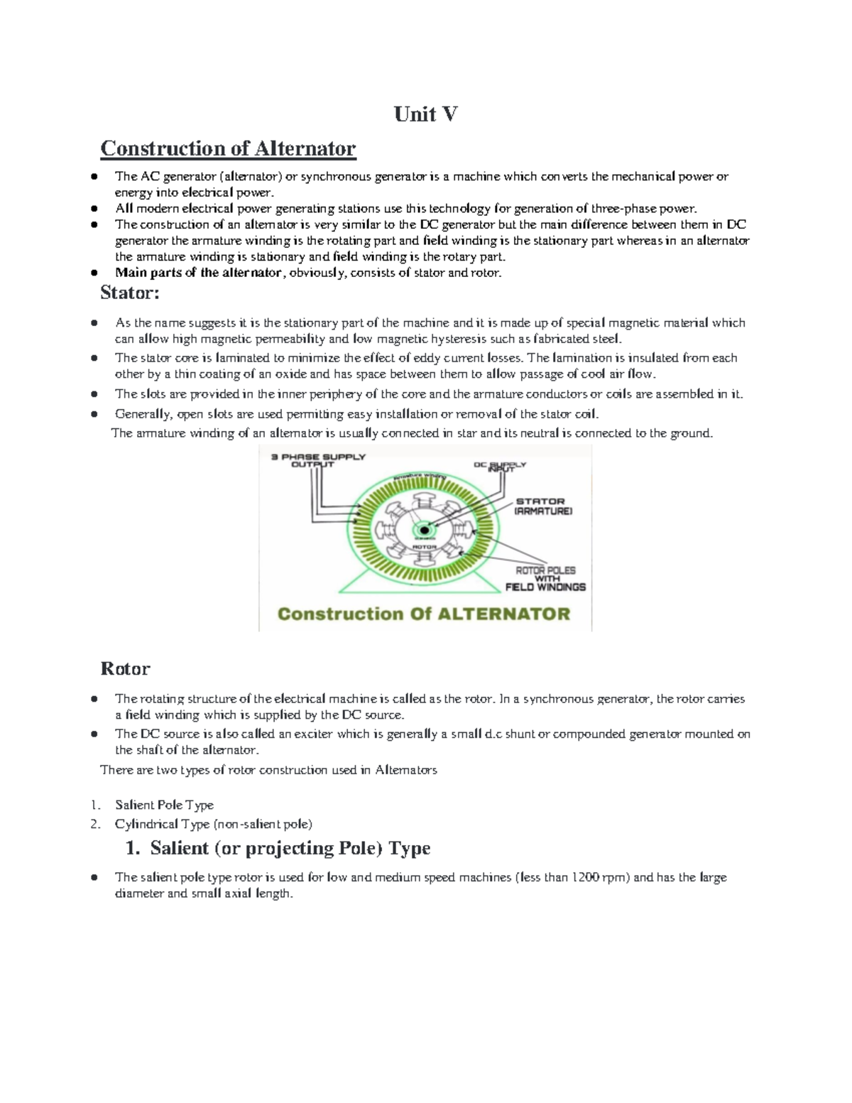 BEE Unit-5 AlTERNATIV CURRENTS - Unit V Construction of Alternator The ...
