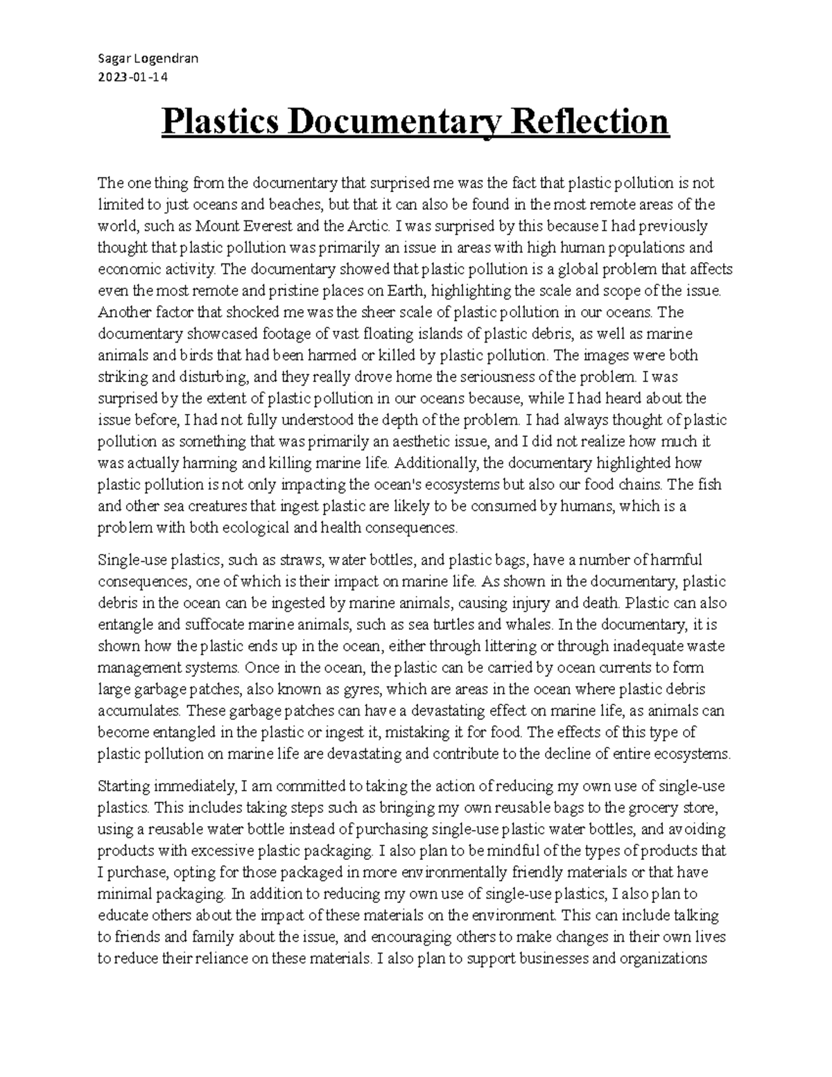 Plastics Documentary Reflection - Sagar Logendran 2023-01- Plastics Documentary Reflection The ...