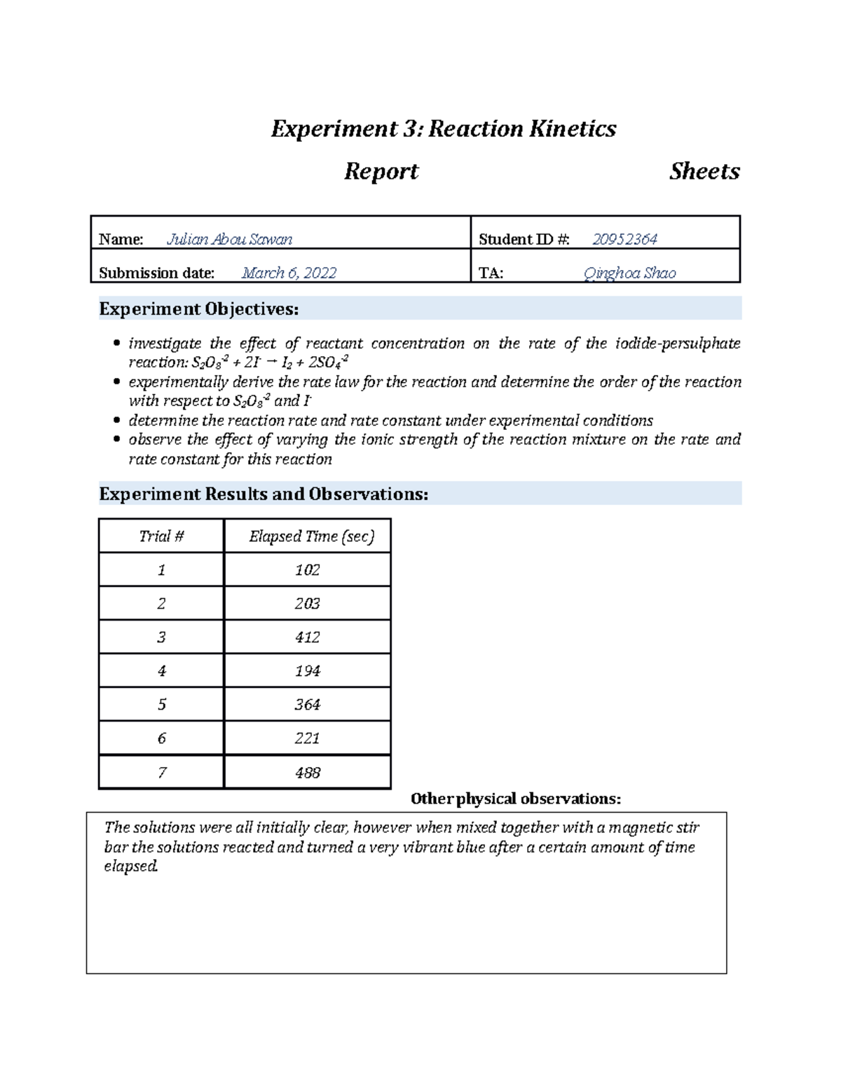 Ex3 Reaction Kinetics - Experiment 3: Reaction Kinetics Report Sheets ...