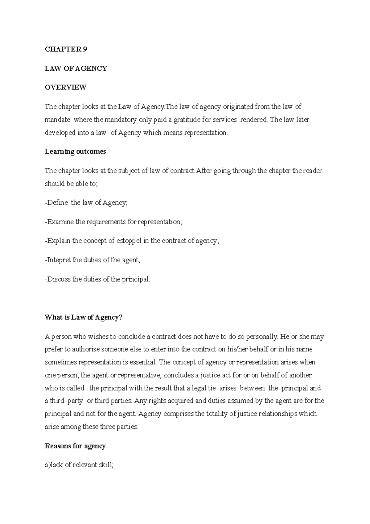Chapter 9-The law of Agency - CHAPTER 9 LAW OF AGENCY OVERVIEW The ...