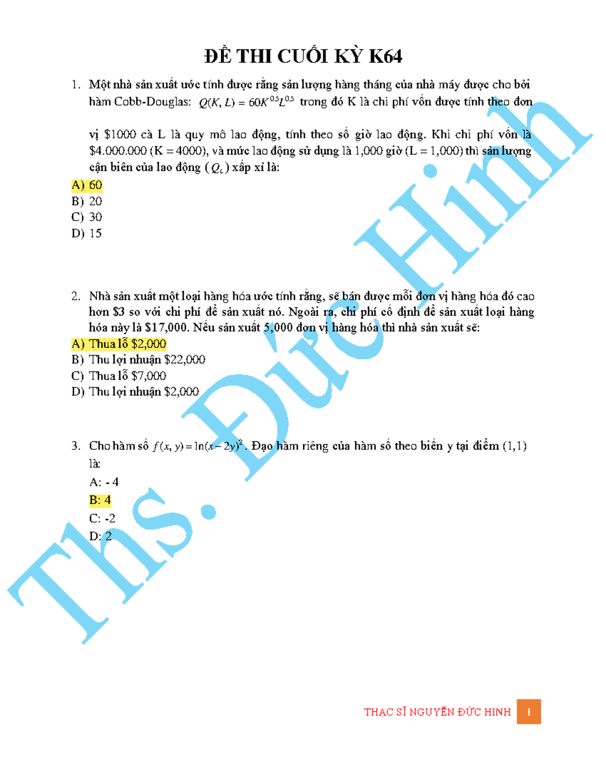 ĐỀ THI CUỐI KỲ K64 01 - Đề thi cuối kỳ K64 số 1 - ĐỀ THI CUỐI KỲ K 1 ...
