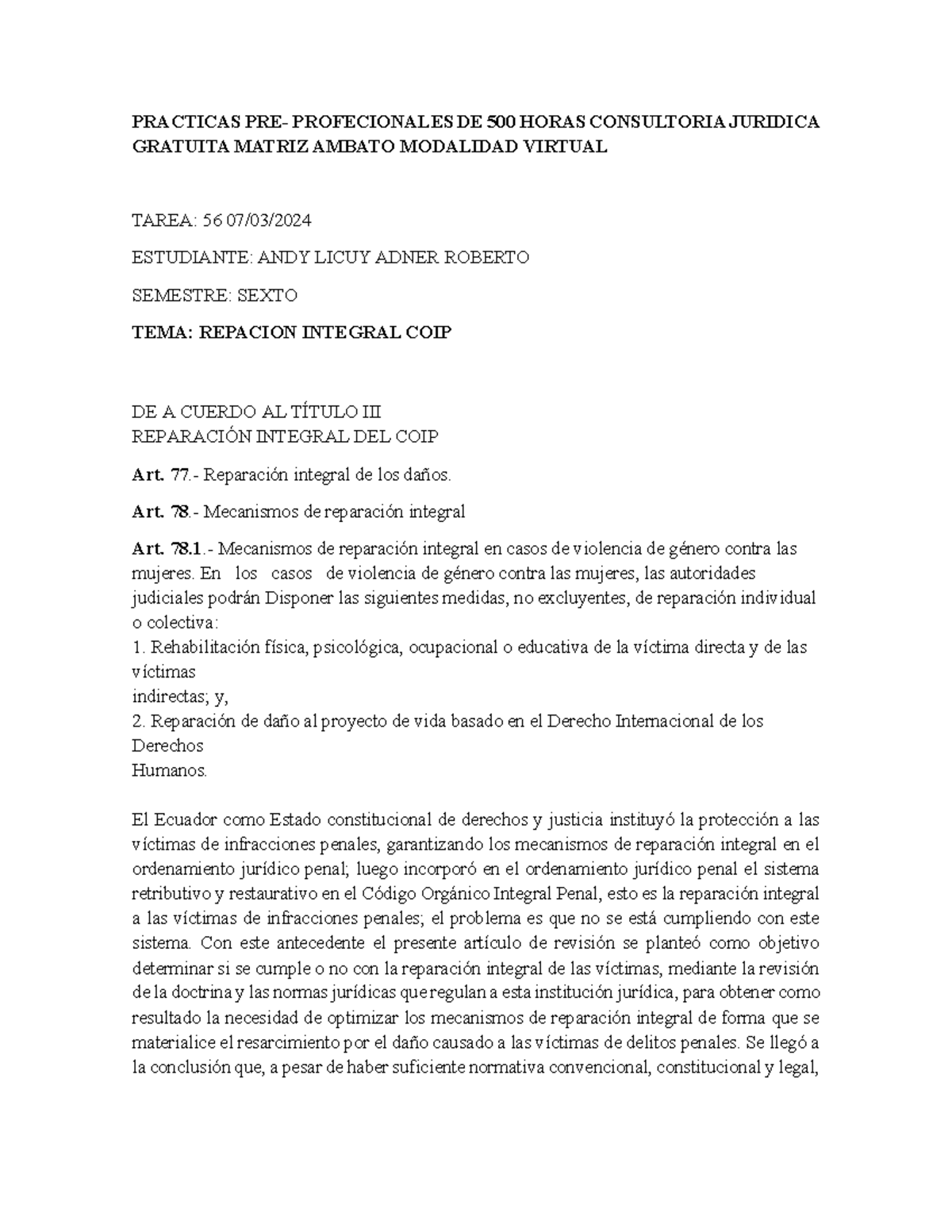 Tarea 56 Repacion Integral COIP - PRACTICAS PRE- PROFECIONALES DE 500 HORAS CONSULTORIA JURIDICA ...
