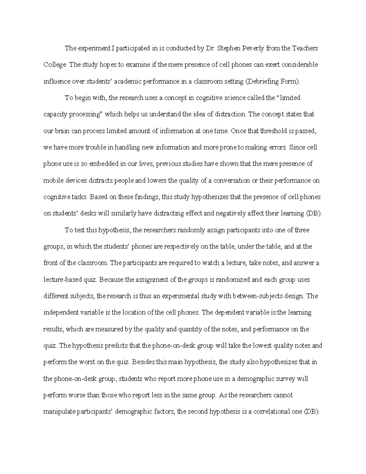 Psyche paper 3 - Grade: A - The experiment I participated in is ...