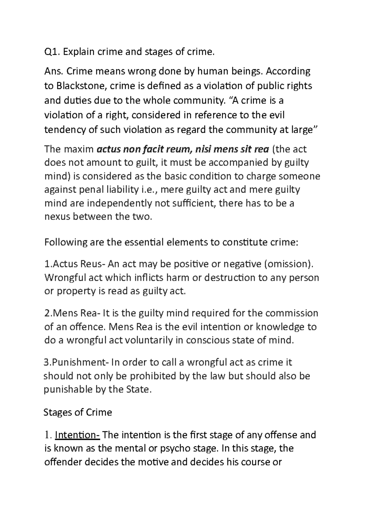 Criminal law - Q1. Explain crime and stages of crime. Ans. Crime means ...