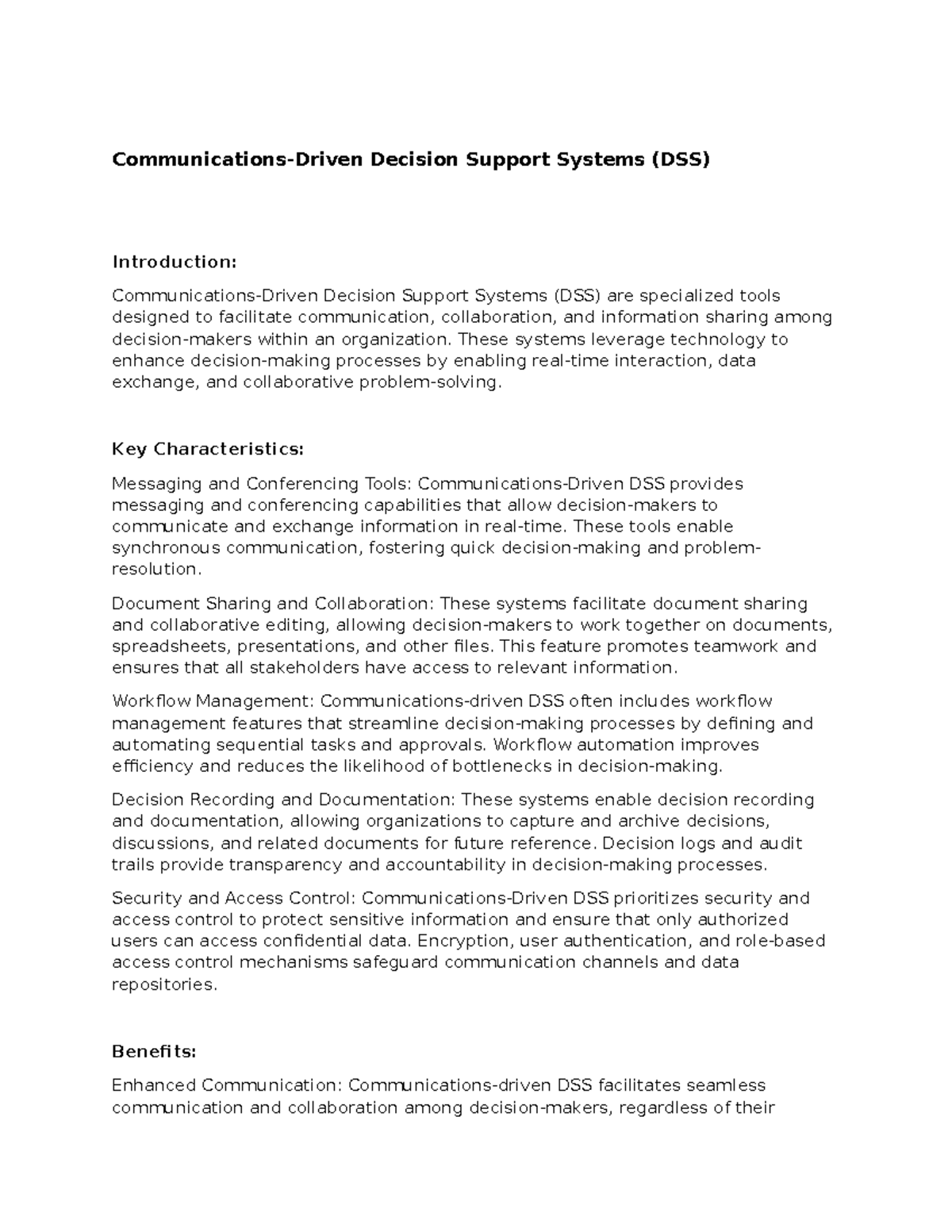 Dss Classifications Dss Communications Driven Decision Support Systems Dss Introduction