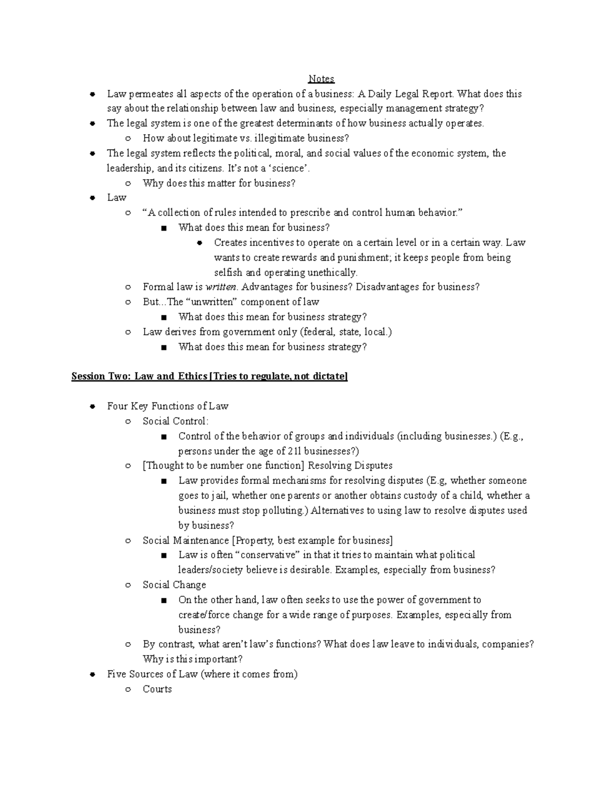 Business Law Notes - Notes Law permeates all aspects of the operation ...
